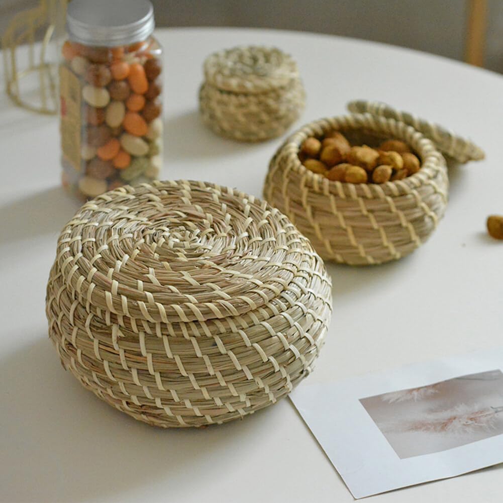 Wicker Basket with Lid, Round Woven Seagrass Basket, Handmade Round Rattan Box Seagrass Box Desktop Storage Basket Box for Home, Bathroom Decor