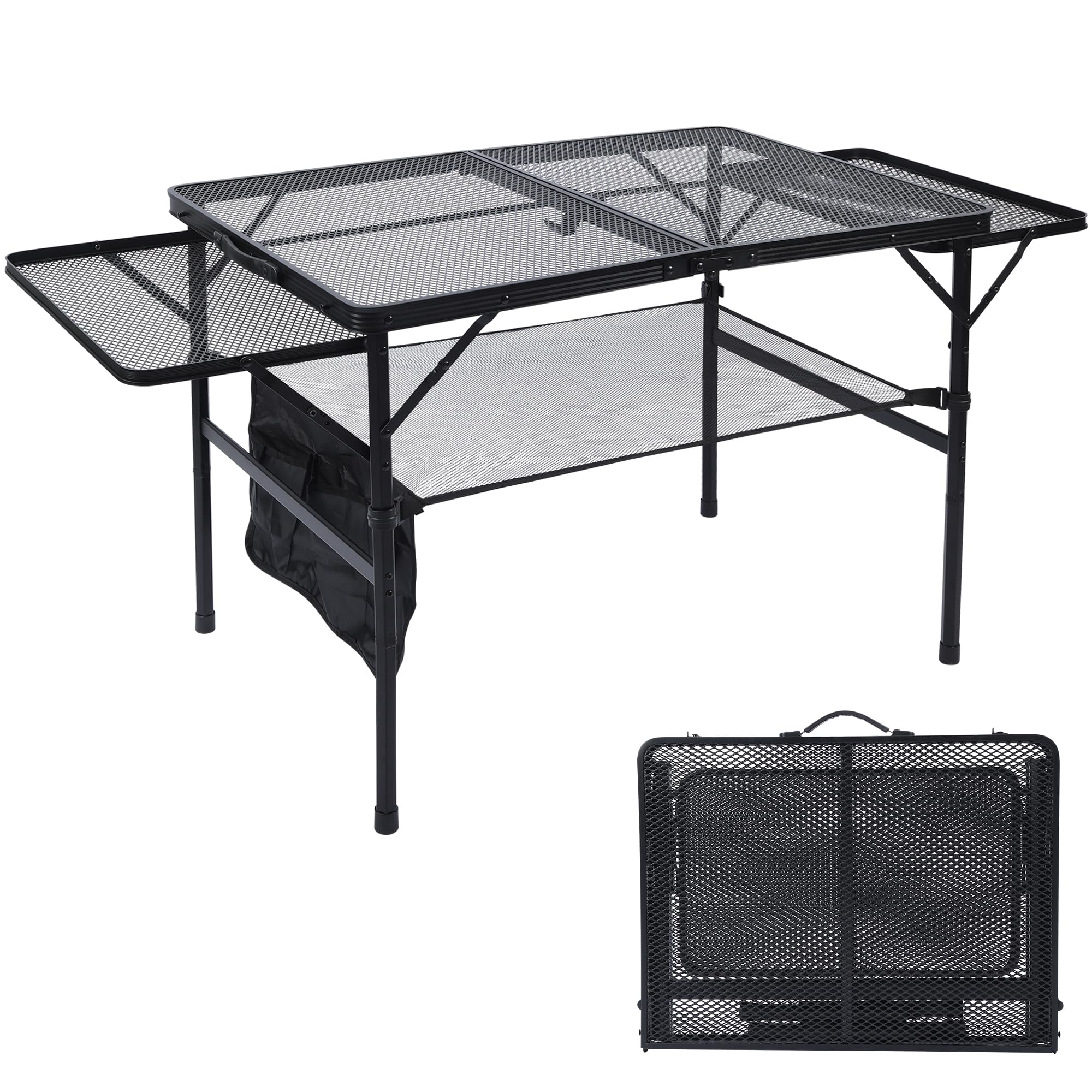 JOUYEK Folding Grill Table, 3x2 FT Portable Camping Table with 2 Wing Panels, Height Adjustable Metal Tables with Mesh Desktop and Mesh Bag, Outdoor Furniture for Camping, Picnic, Beach and BBQ, Black