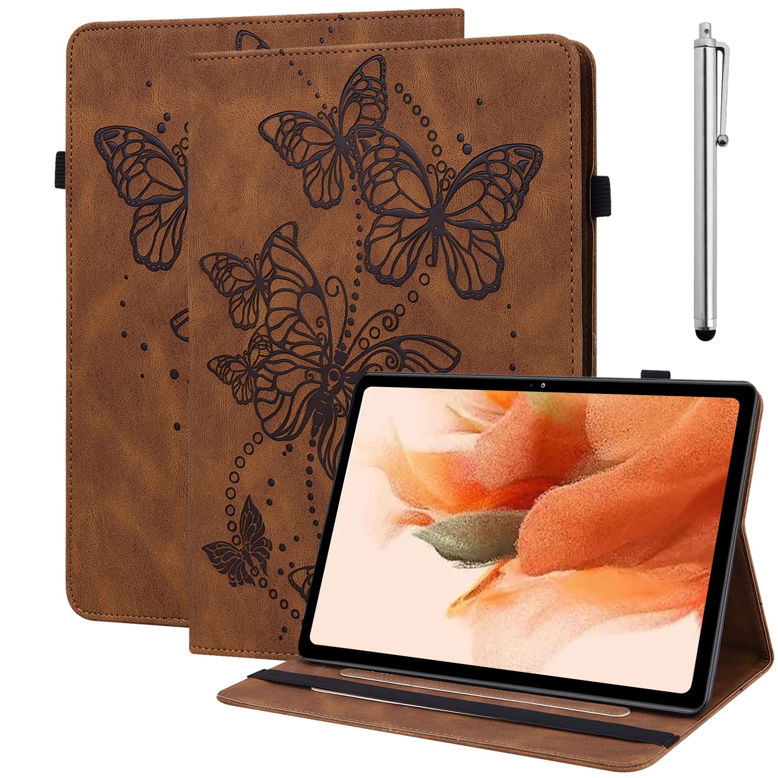 VODEFOX Case for Samsung Galaxy Tab A8 10.5'' Case 2022 SM-X200/X205/X207, PU Leather Cover Embossed Butterfly Flip Stand Shell with Elastic Band & Card Holder for Galaxy Tab A8 Tablet - Brown