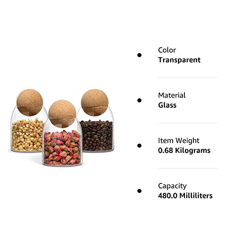 ComSaf 480ml/16Oz Glass Storage Container with Ball Cork, 3Pcs Glass Jar with Cork Lid, Round Cork Glass Bottle, Small Candy Jar with Wood Ball Lid for Food, Coffee, Sugar, Spice, Tea, DIY Decoration