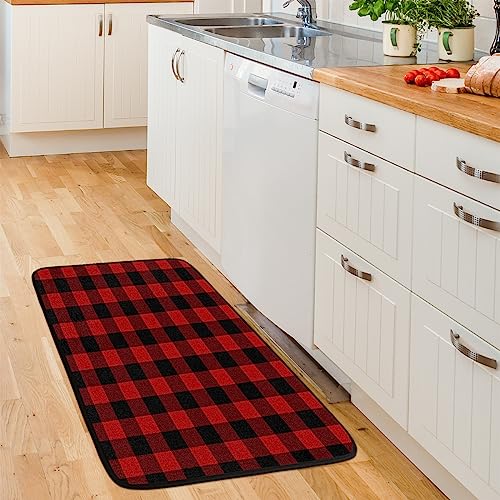 KOBLEN Red Plaid Pattern Kitchen Rugs Non Slip Washable Absorbent Kitchen Mats 20x39 inch Cushioned Anti Fatigue Kitchen Floor Mats for in Front of Sink