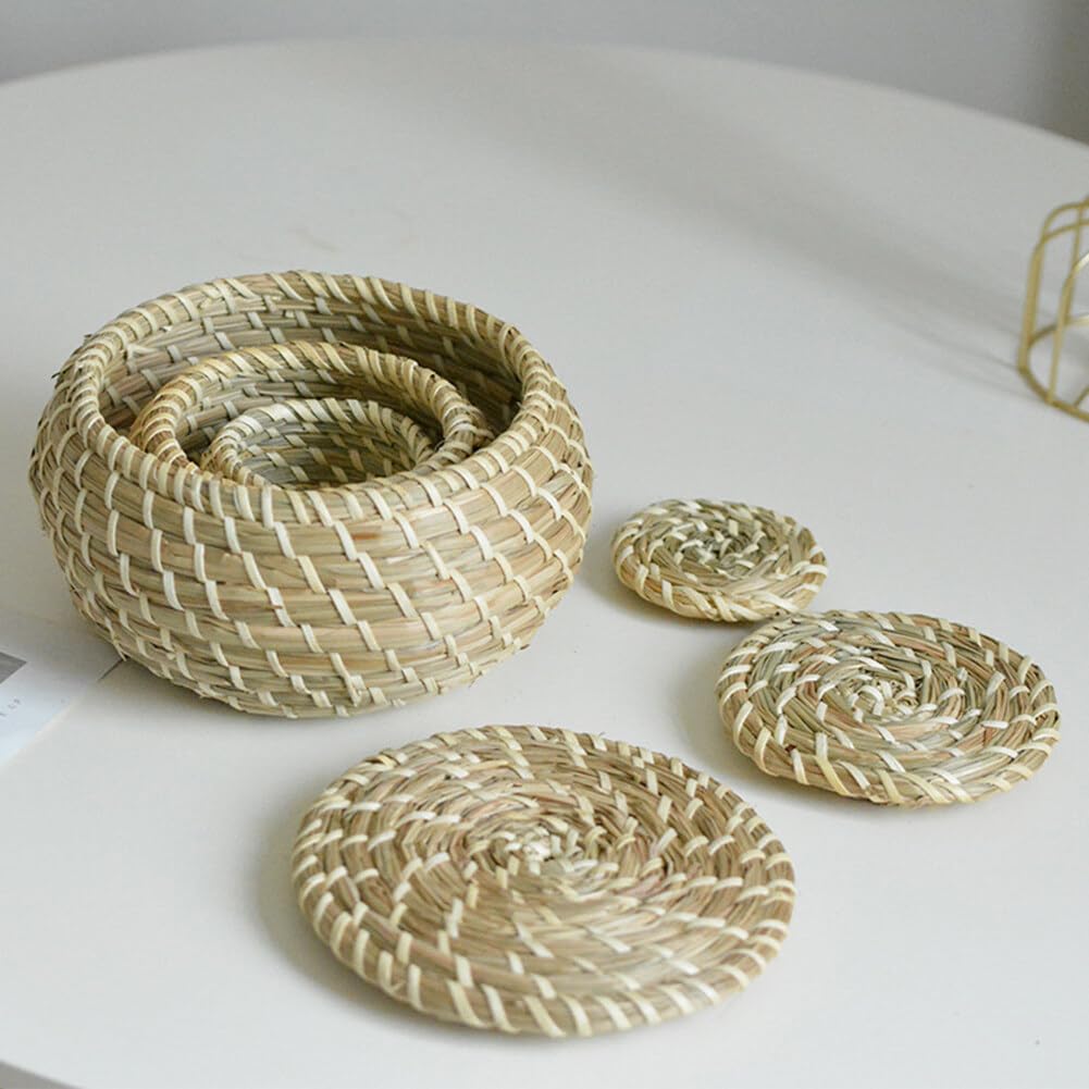 Wicker Basket with Lid, Round Woven Seagrass Basket, Handmade Round Rattan Box Seagrass Box Desktop Storage Basket Box for Home, Bathroom Decor
