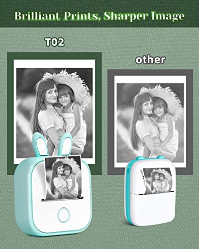 Memoqueen Pocket Sticker Printer T02 Portable Bluetooth Thermal Photo Printer with 3 Rolls Paper for Journal, Memo, Photo,DIY Scrapbook,Travel,Children Women Gifts,Compatible with iOS&Android,Green