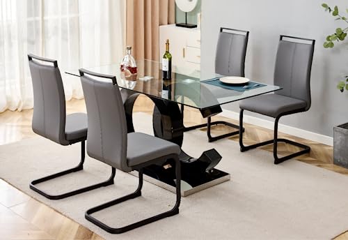 LFVFFA 63 inch Modern Glass Dining Table for 4-6, Rectangle Glass Kitchen Table, 0.39" Tempered Glass Top Dining Table,Large Pedestal Table (1 Table+4 Gray Chair, 63 Inch)