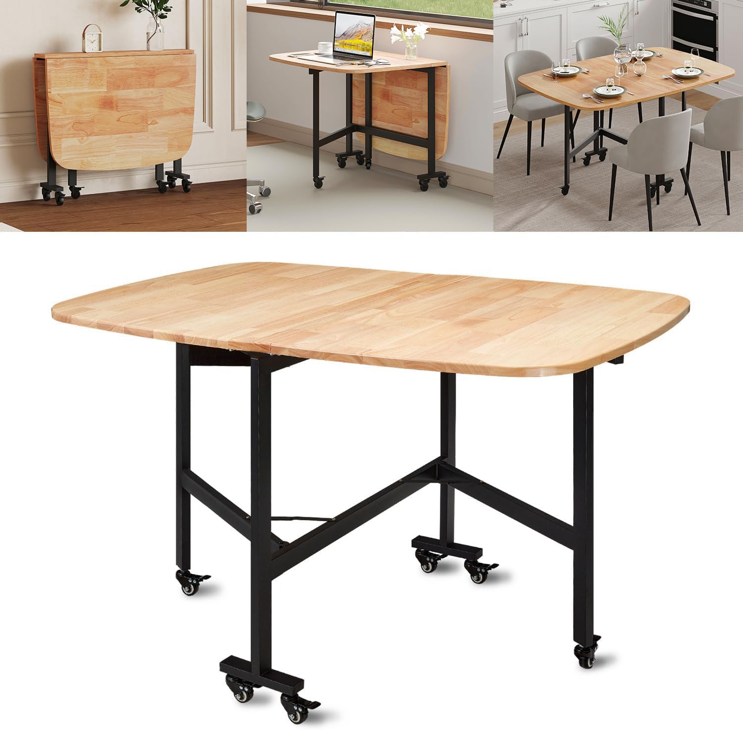 Rukulin Multifunction Table Drop Leaf Dining Table - 47" Solid Wooden Foldable Kitchen Table with 6 Wheels (Natural)