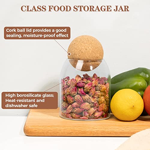 ComSaf 480ml/16Oz Glass Storage Container with Ball Cork, 3Pcs Glass Jar with Cork Lid, Round Cork Glass Bottle, Small Candy Jar with Wood Ball Lid for Food, Coffee, Sugar, Spice, Tea, DIY Decoration
