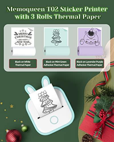Memoqueen Pocket Sticker Printer T02 Portable Bluetooth Thermal Photo Printer with 3 Rolls Paper for Journal, Memo, Photo,DIY Scrapbook,Travel,Children Women Gifts,Compatible with iOS&Android,Green