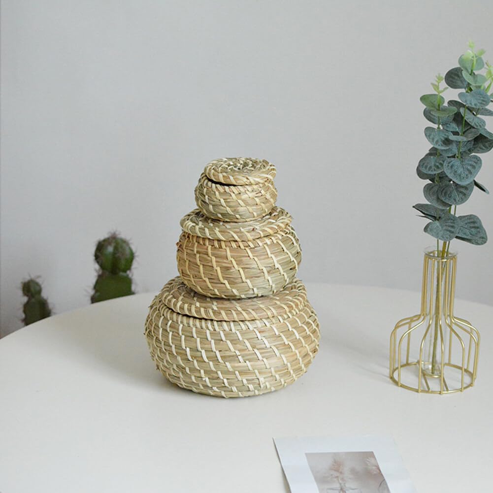 Wicker Basket with Lid, Round Woven Seagrass Basket, Handmade Round Rattan Box Seagrass Box Desktop Storage Basket Box for Home, Bathroom Decor