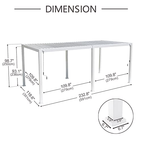 Gardesol 10×20 FT Aluminum Louvered Pergola Hardtop Adjustable Rainproof Gazebo with 4pcs 10FT Pull Down Privacy Screen Side Shade for Outdoor Patio Garden Deck Yard (White)