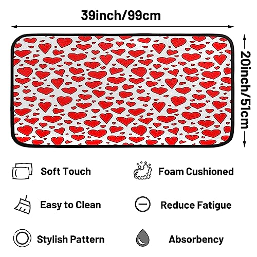 KOBLEN Red Love Heart Kitchen Rugs Non Slip Washable Absorbent Kitchen Mats 20x39 inch Cushioned Anti Fatigue Kitchen Floor Mats for in Front of Sink