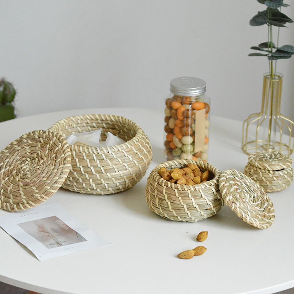 Wicker Basket with Lid, Round Woven Seagrass Basket, Handmade Round Rattan Box Seagrass Box Desktop Storage Basket Box for Home, Bathroom Decor
