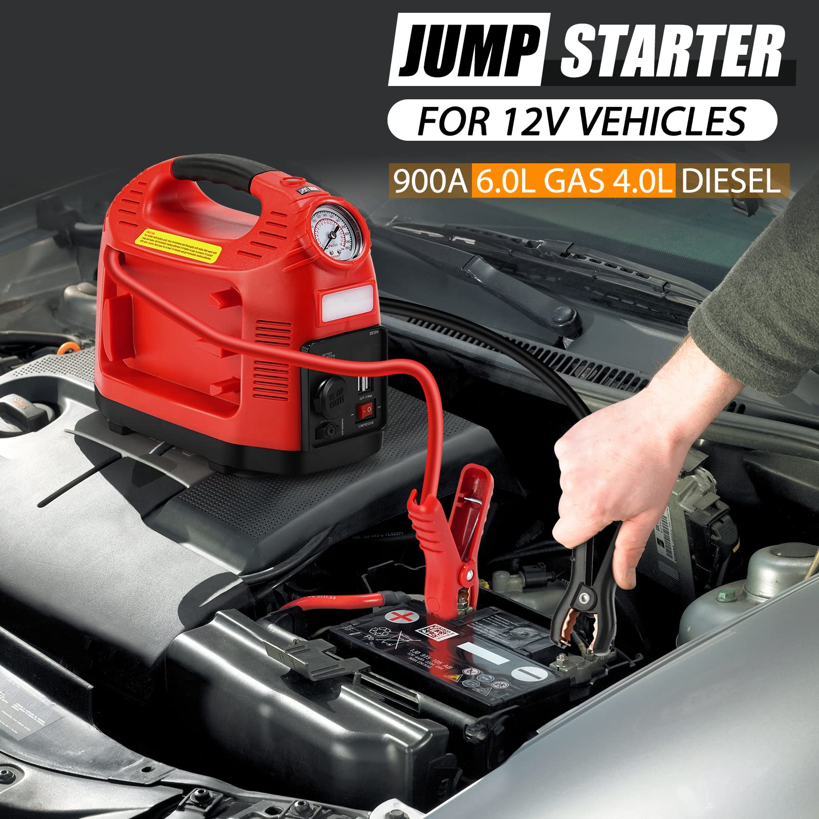 4-in-1 Car Jump Starter with Air Compressor 260 PSI Tire Inflator, 900A Peak Auto Battery Booster Jump Box(Up to 6.0L Gas or 3.0L Diesel Engine), Portable Power Station DC/USB Outlets