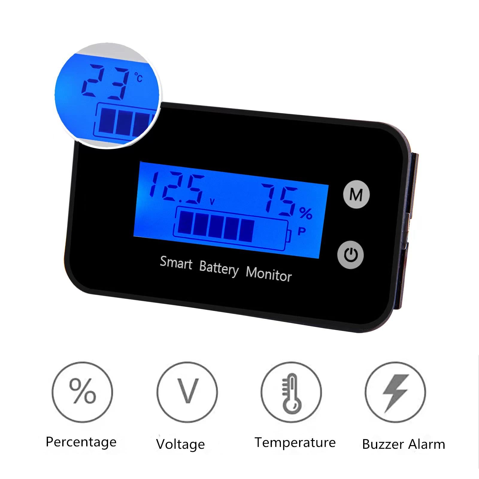 IPX7 Waterproof Battery Monitor with Bracket 7-100V,Car Motorcycle Golf cart Battery Meter Digital Battery Capacity Remaining Capacity Percentage Tester with Buzzer Alarm and Temperature