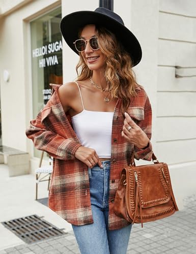 Blooming Jelly Flannel Shirts for Women Long Sleeve Plaid Shirt Shacket Jackets Fall Outfits 2025 (X-Large, Orange)