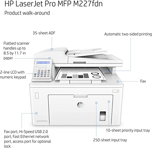 HP Laserjet Pro MFP M227fdn All-in-One NFC Ethernet Monochrome Laser Printer, White - Print Scan Copy Fax - 30 ppm, 1200 x 1200 dpi, 8.5 x 14, 35-Sheet ADF, Auto 2-Sided Printing, Cbmou Printer Cable