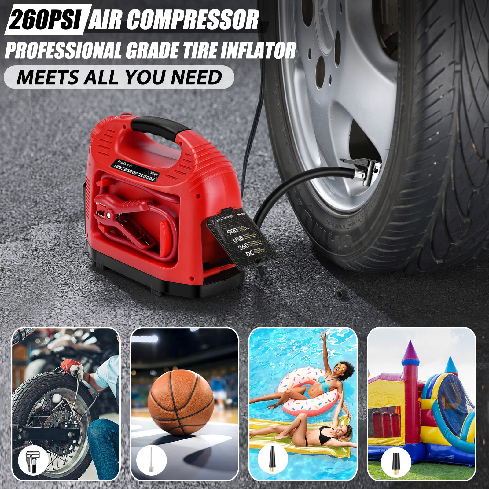4-in-1 Car Jump Starter with Air Compressor 260 PSI Tire Inflator, 900A Peak Auto Battery Booster Jump Box(Up to 6.0L Gas or 3.0L Diesel Engine), Portable Power Station DC/USB Outlets