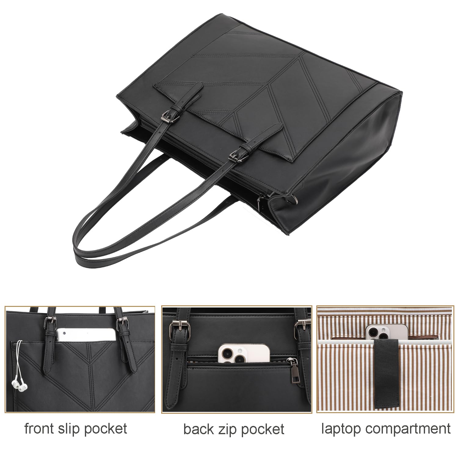 Barsine Work Bags for Women Laptop Tote Purses Professional Leather Large Capacity 15.6 Inch Office Briefcase Black