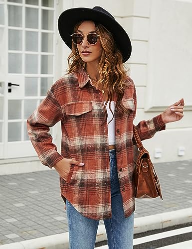Blooming Jelly Flannel Shirts for Women Long Sleeve Plaid Shirt Shacket Jackets Fall Outfits 2025 (X-Large, Orange)
