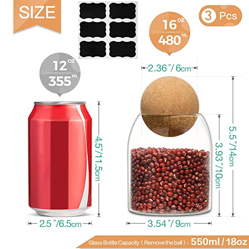 ComSaf 480ml/16Oz Glass Storage Container with Ball Cork, 3Pcs Glass Jar with Cork Lid, Round Cork Glass Bottle, Small Candy Jar with Wood Ball Lid for Food, Coffee, Sugar, Spice, Tea, DIY Decoration