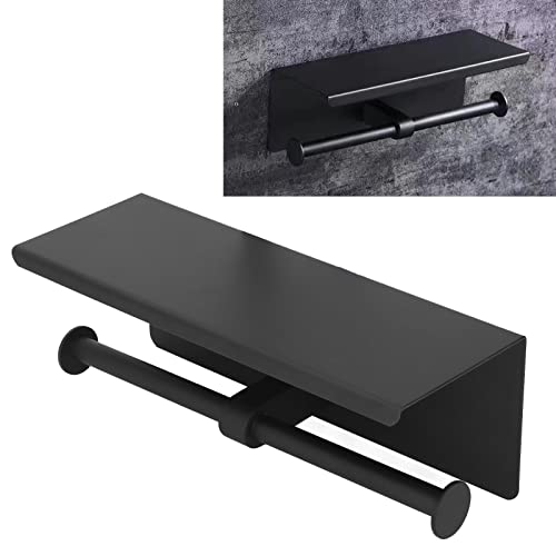 Stainless Steel Toilet Paper Holder with Shelf Self Adhesive Punch Toilet Paper Shelf Roll Holder for Bathroom (K10 Black)
