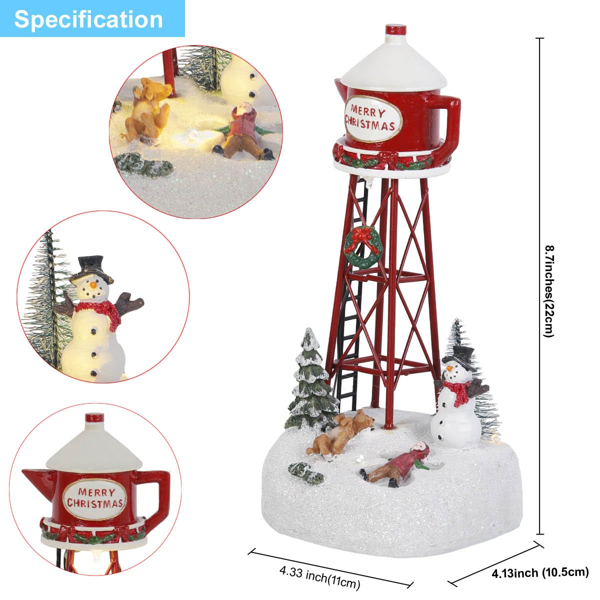 innodept12 New Christmas Village Watertower Lighted Accessories Decorations with Snowman, Dog and Boy Playing on The Ground