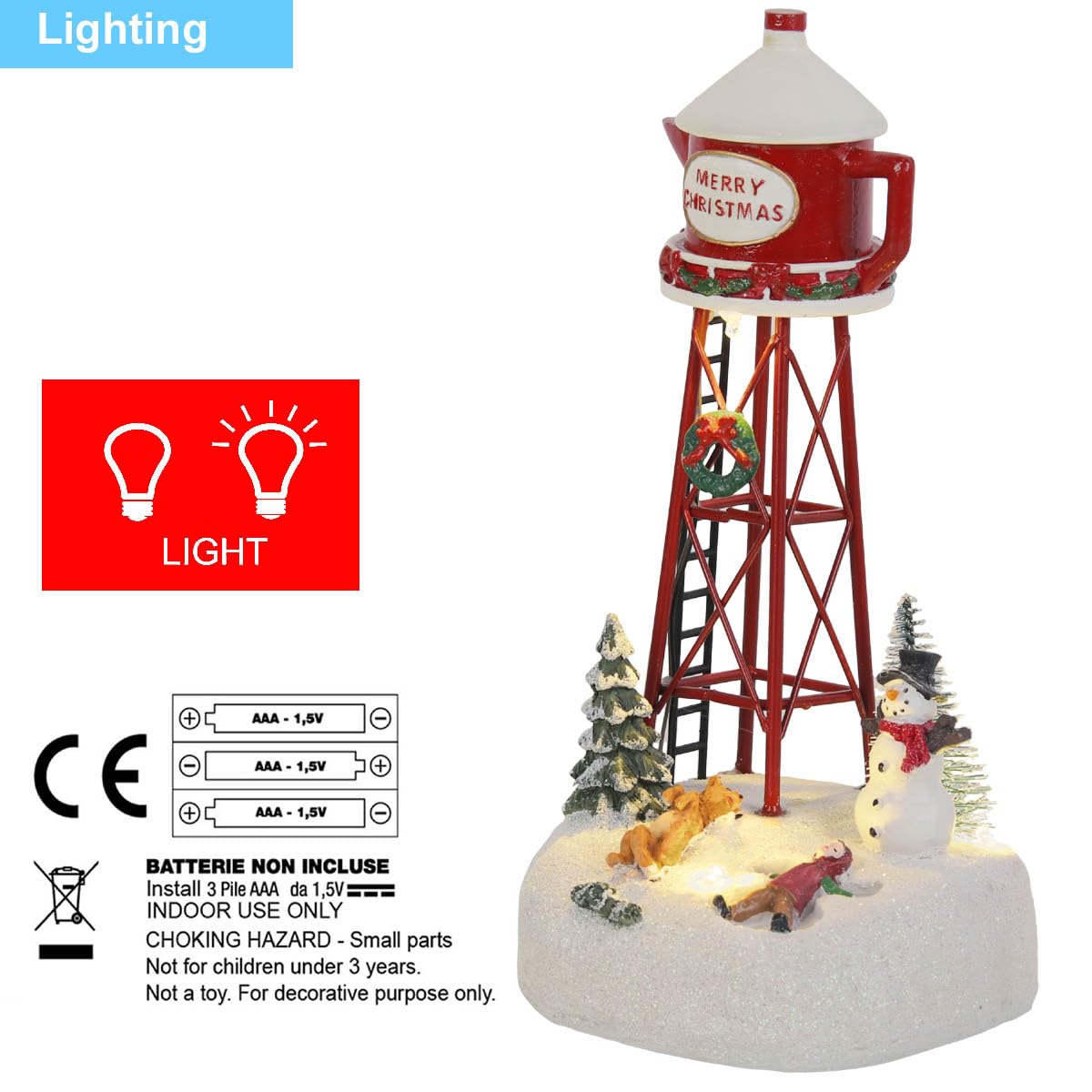 innodept12 New Christmas Village Watertower Lighted Accessories Decorations with Snowman, Dog and Boy Playing on The Ground