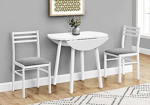 Monarch Specialties I 1011 Dining Table Set, 3pcs Set, Small, 35" Drop Leaf, Kitchen, White Metal and Laminate, Grey Fabric, Contemporary, Modern