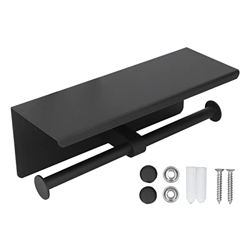 Stainless Steel Toilet Paper Holder with Shelf Self Adhesive Punch Toilet Paper Shelf Roll Holder for Bathroom (K10 Black)