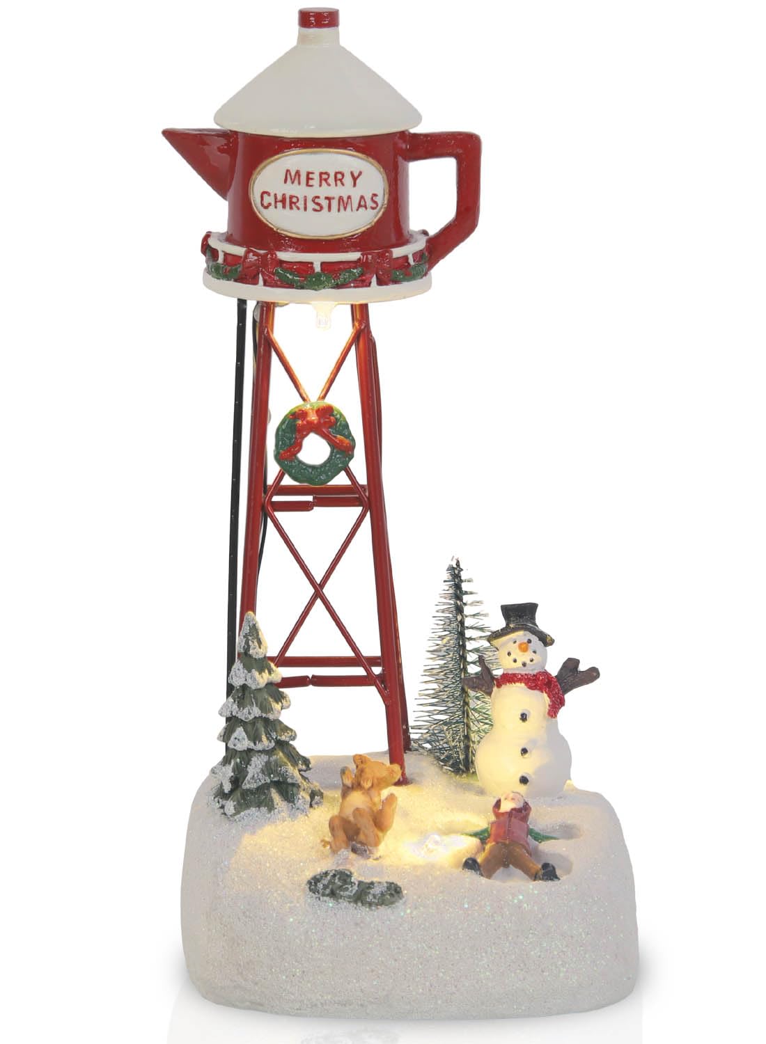 innodept12 New Christmas Village Watertower Lighted Accessories Decorations with Snowman, Dog and Boy Playing on The Ground