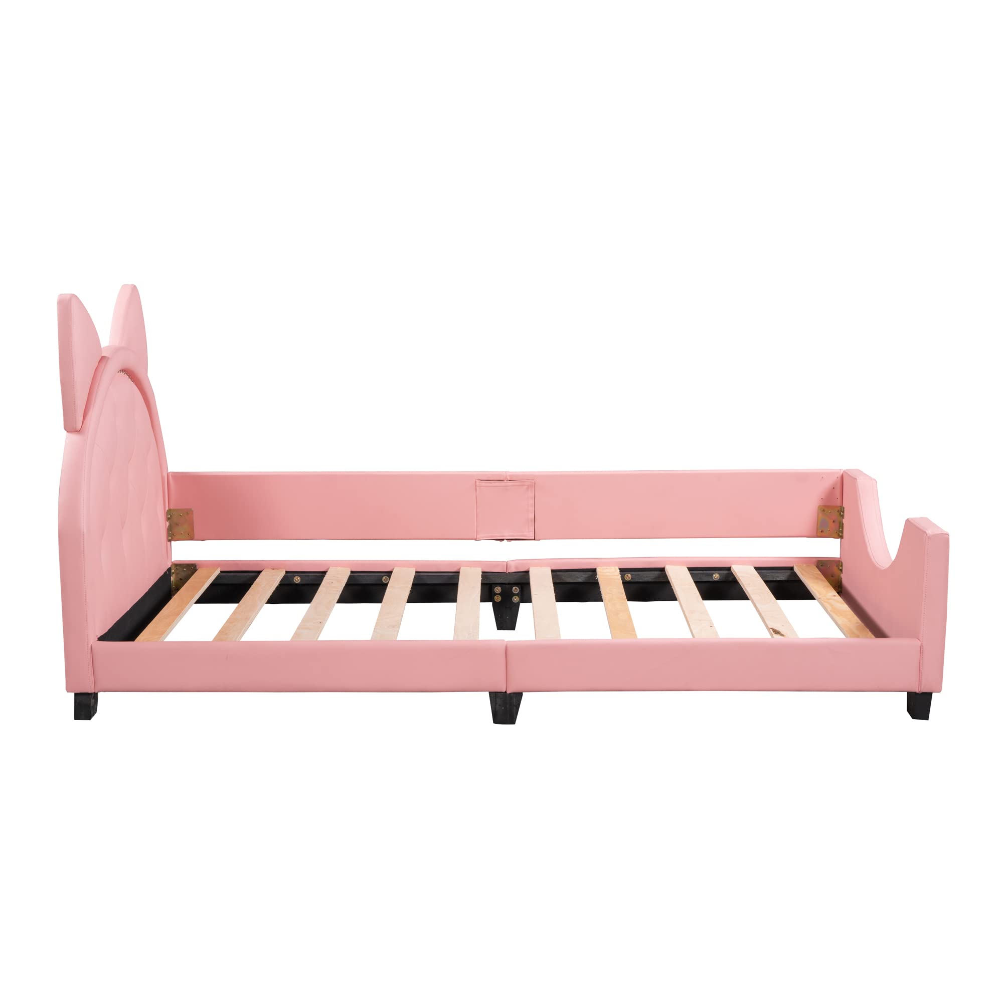 Merax Twin Size Upholstered Daybed with Bunny Ears Headboard, Platform Bed Frame for Kids, Child's Bedroom, No Box Spring Needed, Pink