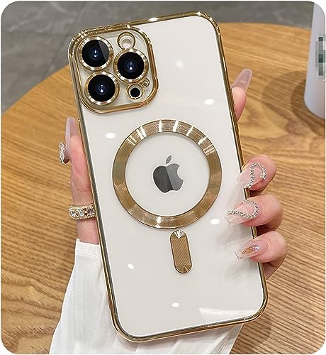 Mangix for iPhone 13 Pro Max Case,Magnetic Clear [Compatible with MagSafe] Camera Lens Protector Plating Luxury Cover for Women Girls Soft TPU Shockproof for Apple iPhone 13 Pro Max 6.7inch