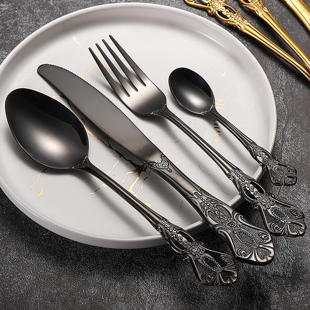 Black Flatware Set for 12, 48 Piece Royal Court Silverware Set, Vintage Embossed Cutlery Utensil Set Include Knife Fork Spoon, Mirror Polished, Dishwasher Safe