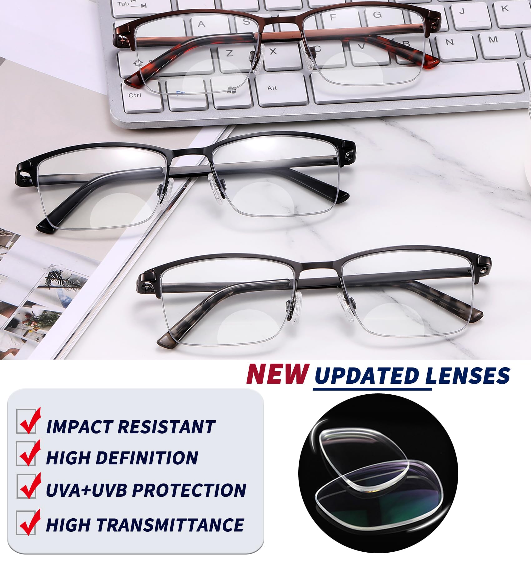 JJWELL 3 Pack Bifocal Reading Glasses for Men Blue Light Blocking, Anti Eyestrain/ Dryness/ UV Spring Hinge Bifocal Readers for Men with Pouches, Half Metal Eyeglasses (1.75)
