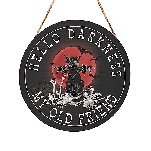 hodmadod Halloween Welcome Sign for Front Door 12"x 12" Halloween Black Cat Decoration Wooden Hanging Sign Wall Plaque for Home Front Door Porch Yard Garden Decor