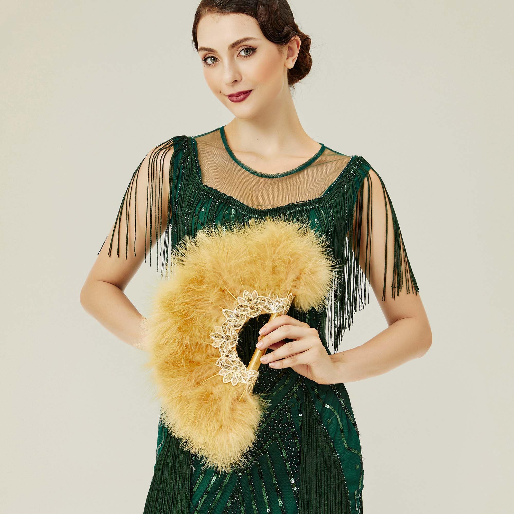 BABEYOND 1920s Marabou Feather Fan - Vintage Handheld Fan Bridal Feather Bouquet Bridesmaids Fan for Wedding (Yellow)