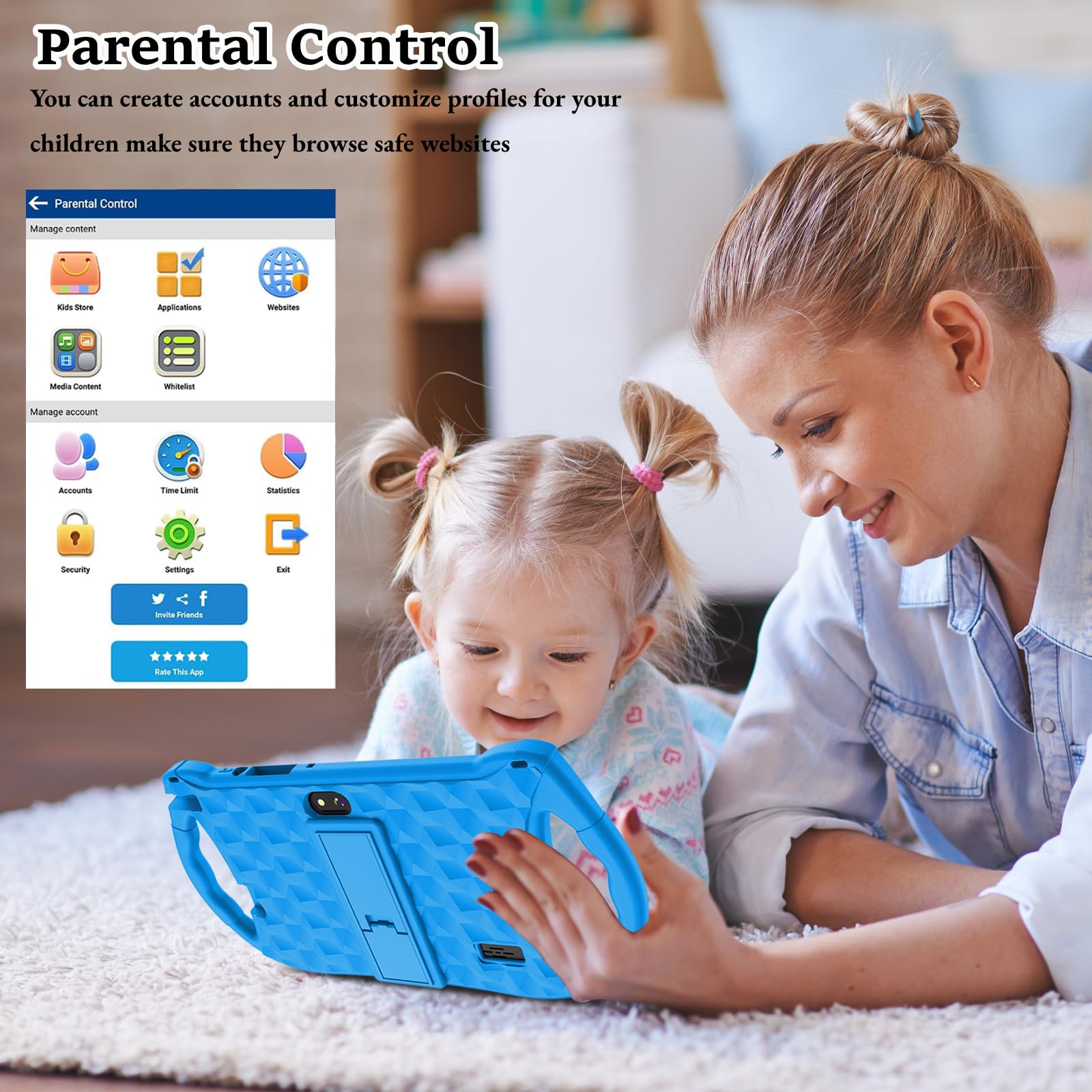 RliyOliy Kids Tablet, 7 inch Android 12 Tablet for Kids, 3GB RAM 32GB ROM Toddler Tablet with Bluetooth, WiFi, GMS, Parental Control, Dual Camera, Educational, Games(Blue)