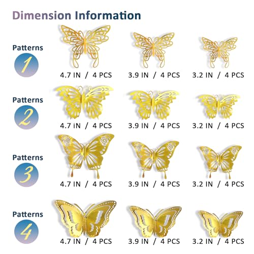 Butterfly Decorations - 48 Pcs, 4 Styles, 3D Wall Decor, Gold, Baby Shower, Flower Arrangements