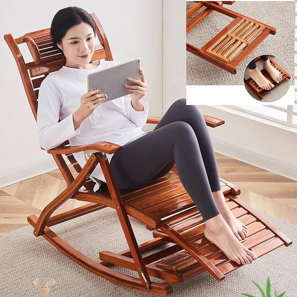 MOOTEK Folding Bamboo Rocking Chair, Old Man Lunch Break Solid Wood Lounge Chair, 5 Adjustable Back Chairs, with Armrest Foot Massage Pillow, Portable Outdoor Beach Terrace Chair