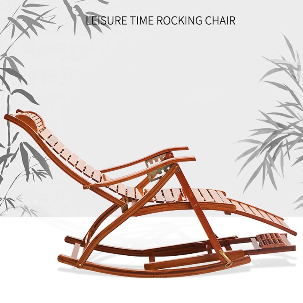 MOOTEK Folding Bamboo Rocking Chair, Old Man Lunch Break Solid Wood Lounge Chair, 5 Adjustable Back Chairs, with Armrest Foot Massage Pillow, Portable Outdoor Beach Terrace Chair