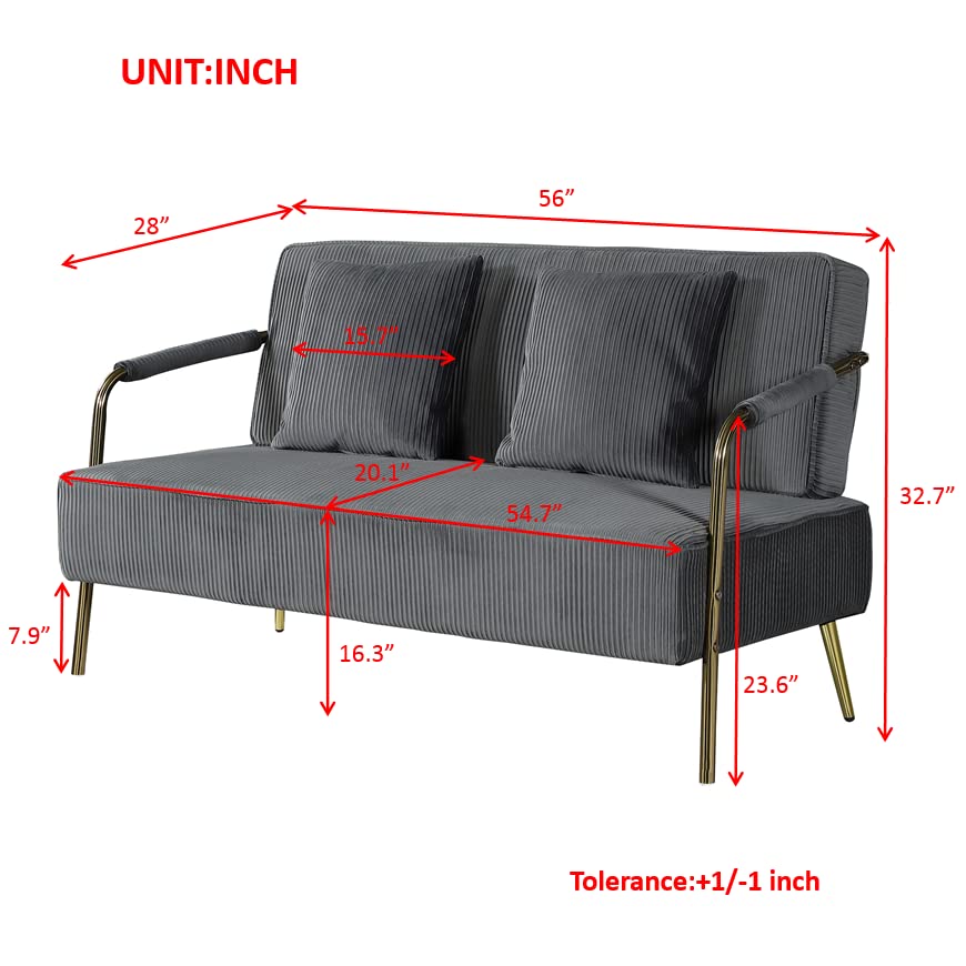 KAIBIJI Velvet Loveseat Sofa Couch,56” Modern Upholstered Sofa Pleated Velvet Loveseat Comfy 2 Seater Small Sofa Couch with Gold Metal Legs for Bedroom Living Room Small Spaces (Grey)