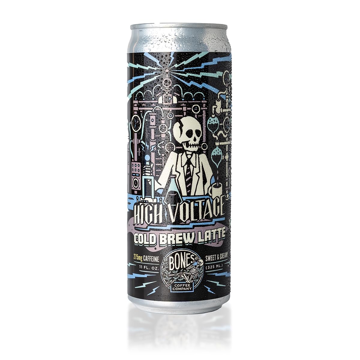 Bones Coffee Company High Voltage Brewed Latte Coffee in a Can, Ready to Drink Coffee, Sweet and Creamy Flavor (11 Fl Oz, 4 Pack)
