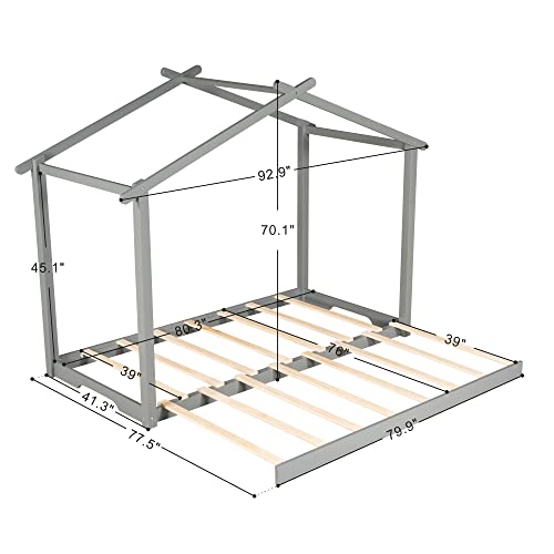 KoiHome Twin Size/King Size Low House Platform Bed with Trundle, Solid Wood Floor Bed Frame with Support Slat for Kids,Teens Bedroom, Roof Design, Creative & Funny, No Box Spring Need, Gray