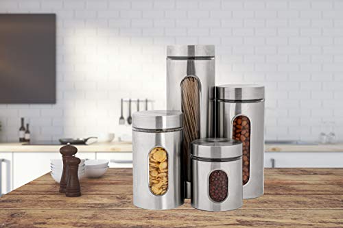 PENGKE Canisters Set,4 Piece Silver Stainless Steel Canister Set with Glass Windows,Perfect for Kitchen Canning Cereal,Pasta,Sugar,Beans,Spice