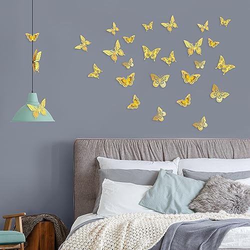 Butterfly Decorations - 48 Pcs, 4 Styles, 3D Wall Decor, Gold, Baby Shower, Flower Arrangements