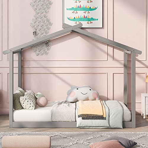 KoiHome Twin Size/King Size Low House Platform Bed with Trundle, Solid Wood Floor Bed Frame with Support Slat for Kids,Teens Bedroom, Roof Design, Creative & Funny, No Box Spring Need, Gray