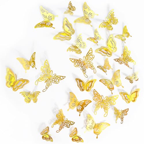Butterfly Decorations - 48 Pcs, 4 Styles, 3D Wall Decor, Gold, Baby Shower, Flower Arrangements