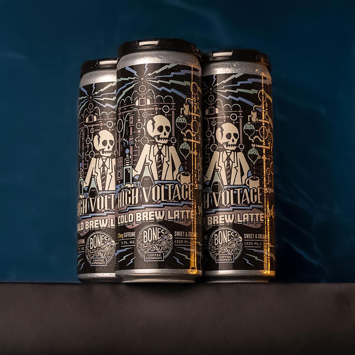 Bones Coffee Company High Voltage Brewed Latte Coffee in a Can, Ready to Drink Coffee, Sweet and Creamy Flavor (11 Fl Oz, 4 Pack)