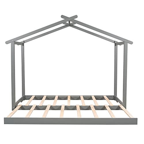 KoiHome Twin Size/King Size Low House Platform Bed with Trundle, Solid Wood Floor Bed Frame with Support Slat for Kids,Teens Bedroom, Roof Design, Creative & Funny, No Box Spring Need, Gray