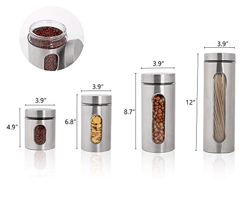 PENGKE Canisters Set,4 Piece Silver Stainless Steel Canister Set with Glass Windows,Perfect for Kitchen Canning Cereal,Pasta,Sugar,Beans,Spice
