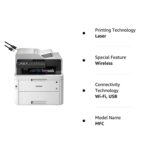 Brother MFC-L3750CDWA All-in-One Digital Wireless Color Laser Printer for Home Office, White - Print Copy Scan Fax - 24 ppm, 600 x 2400 dpi, Auto 2-Sided Printing, 50-Sheet ADF - Printer Cable